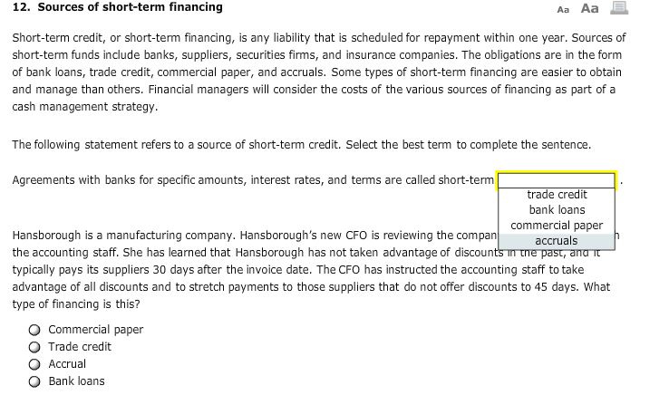 Solved Short-term credit, or short-term financing, is any | Chegg.com