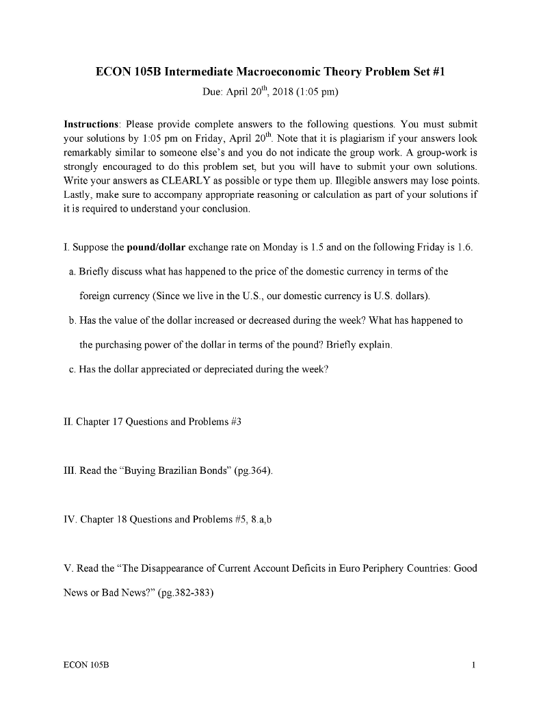 Solved ECON 105B Intermediate Macroeconomic Theory Problem | Chegg.com
