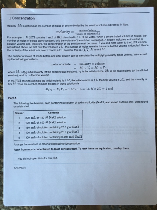 Solved ± Concentration Molarity (M) is defined as the number | Chegg.com