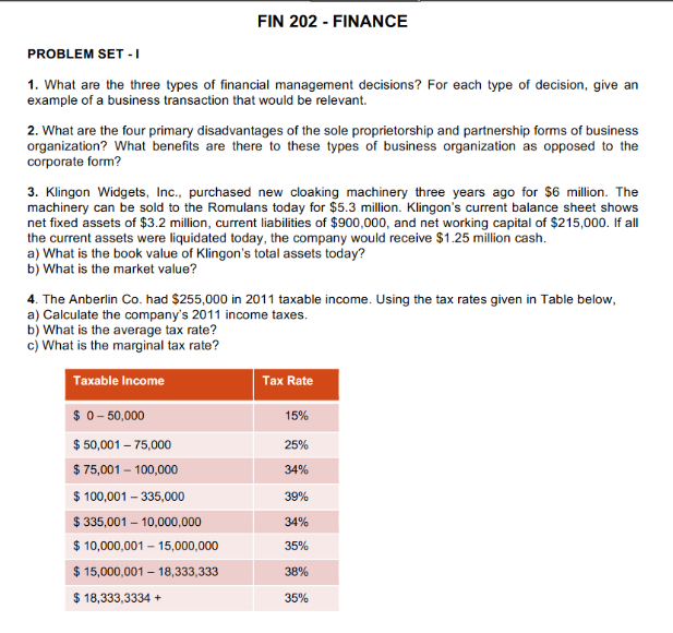 Solved FIN 202 FINANCE PROBLEM SET 1. What are the three | Chegg.com