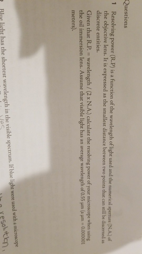 Solved Questions 1 Resolving power (R.P) is a function of | Chegg.com