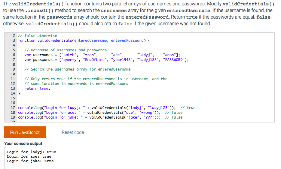 Solved The validCredentials() function contains two parallel | Chegg.com