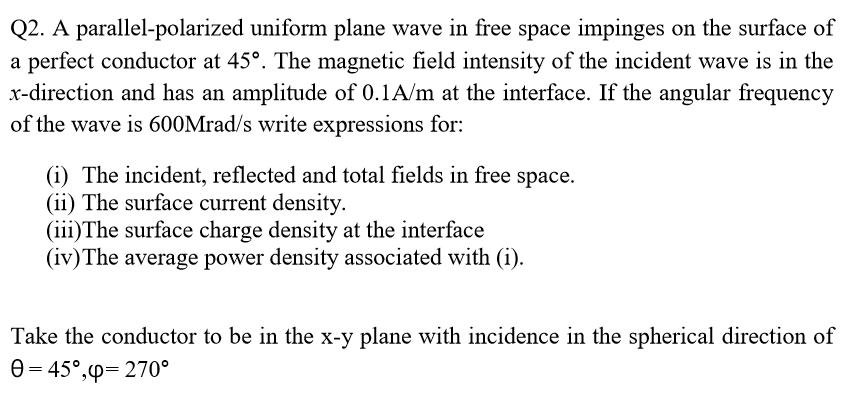Solved A parallel-polarized uniform plane wave in free space | Chegg.com