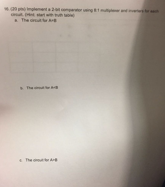 Solved 16. (20 pts) Implement a 2-bit comparator using 8:1 | Chegg.com