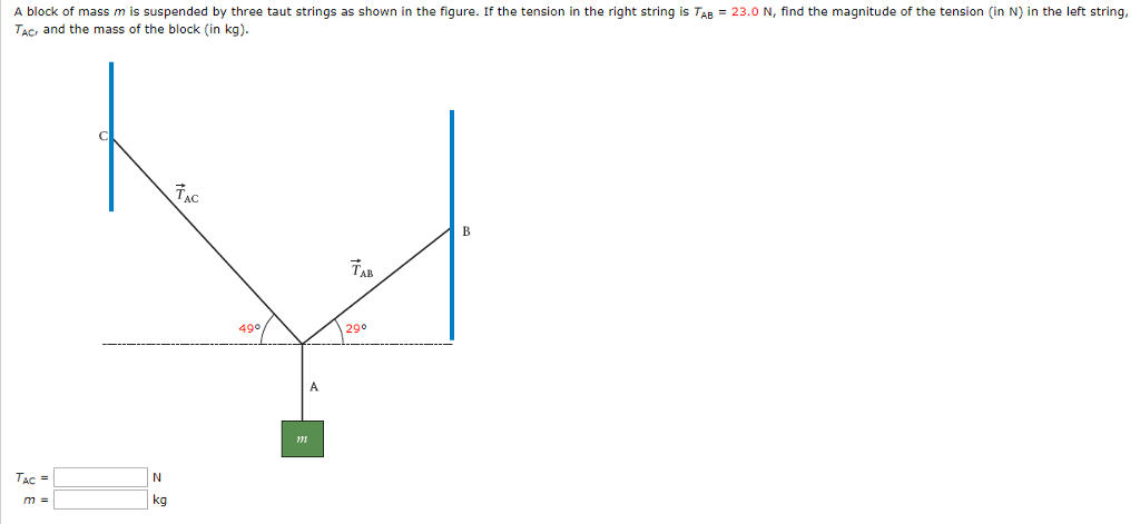 Solved A block of mass m is suspended by three taut strings | Chegg.com