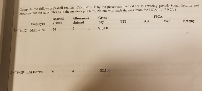 Solved Complete the following payroll register. Calculate | Chegg.com
