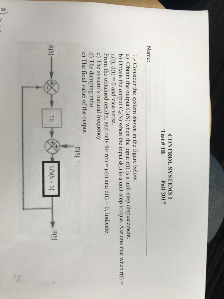 Solved CONTROL SYSTEMSI Test # 1 B Fall 2017 Name: I.- | Chegg.com
