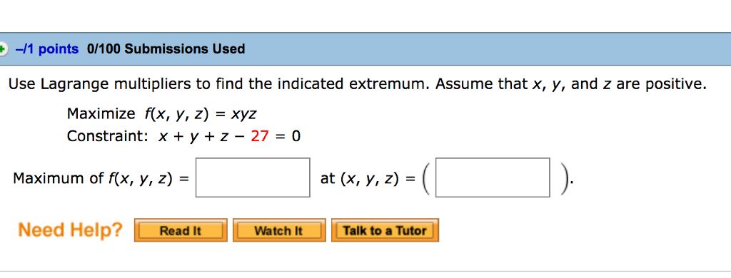 Solved /1 points 0/100 Submissions Used Use Lagrange | Chegg.com