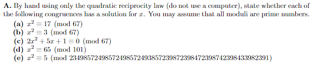 Solved A. By hand using only the quadratic reciprocity law | Chegg.com