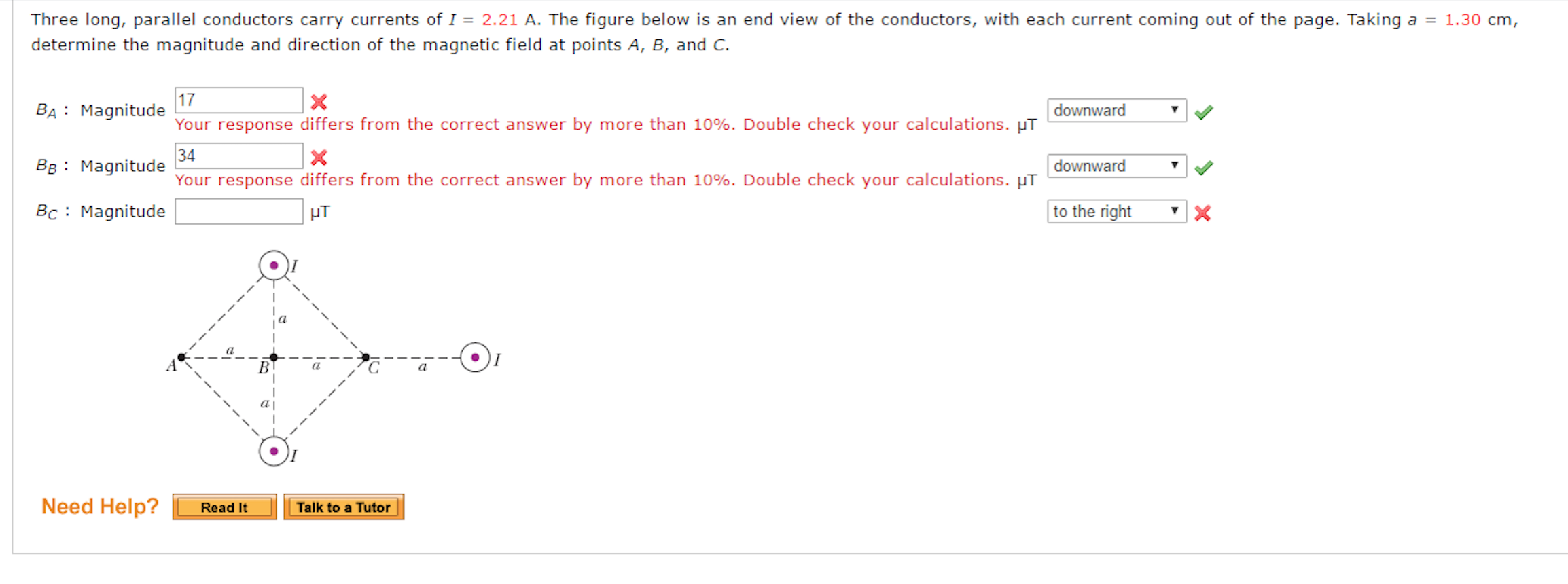 Solved Three long, parallel conductors carry currents of I = | Chegg.com