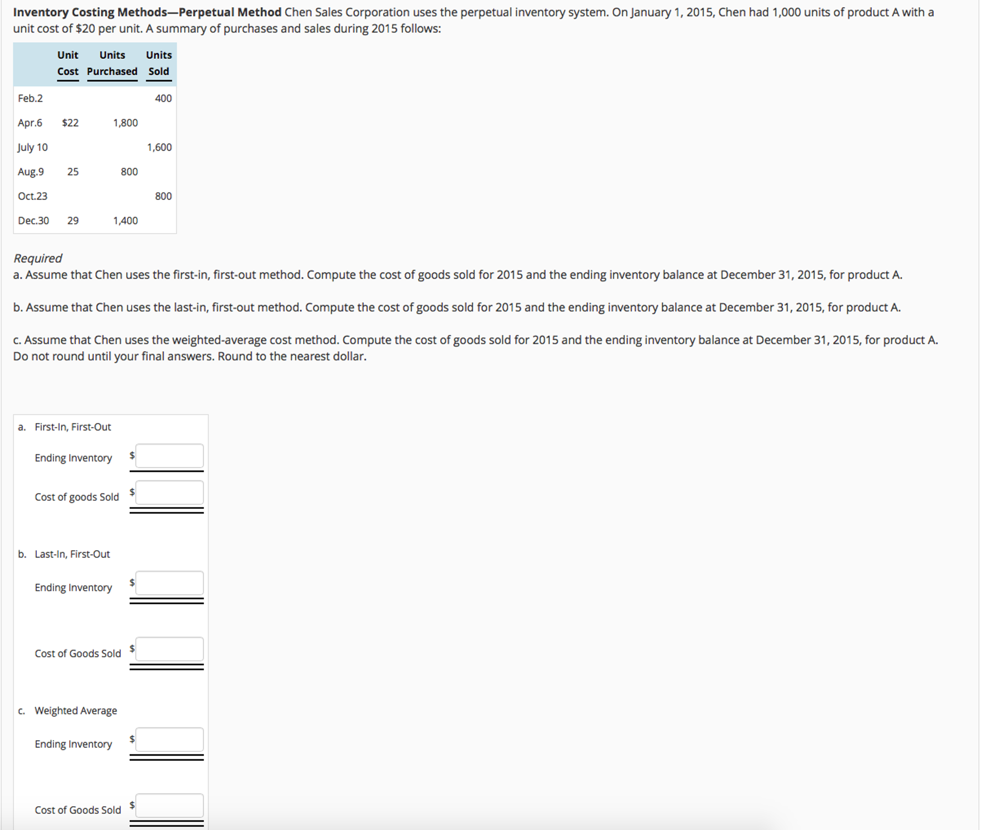 Solved Inventory Costing Methods-Perpetual Method Chen Sales | Chegg.com