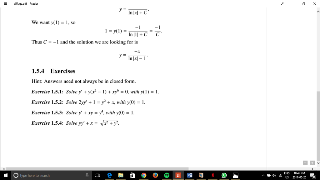 Solved E diffyqs.pdf Reader In C We want y 1, so In C Thus C | Chegg.com