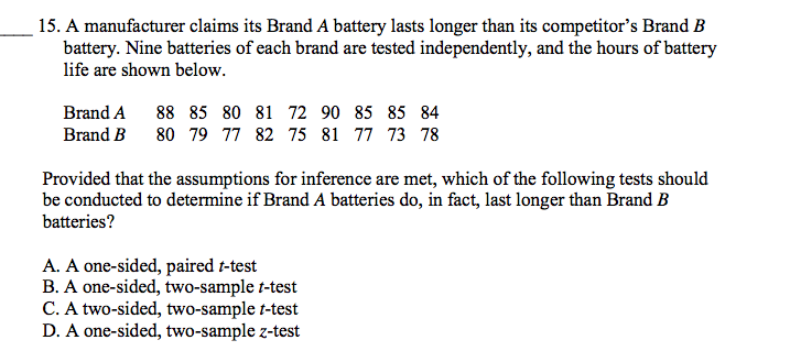 Solved A manufacturer claims its Brand A battery lasts | Chegg.com