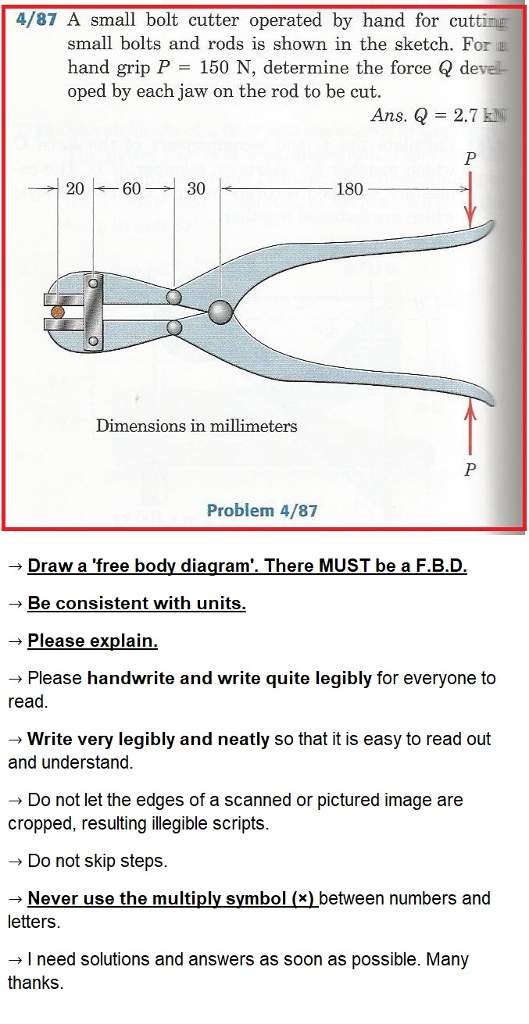 Solved 4/87 A small bolt cutter operated by hand for cuttimg | Chegg.com