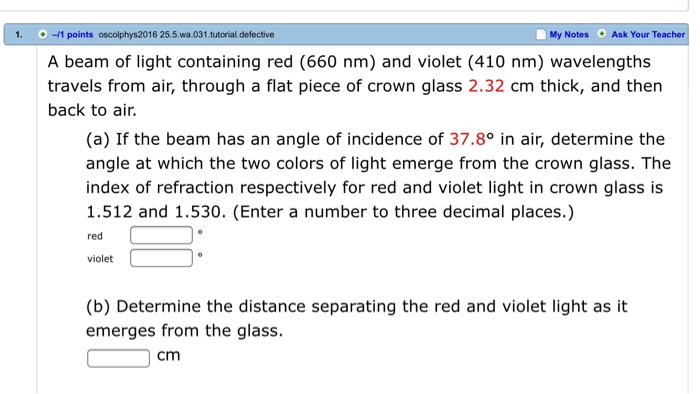 Solved A beam of light containing red (660 nm) and violet | Chegg.com