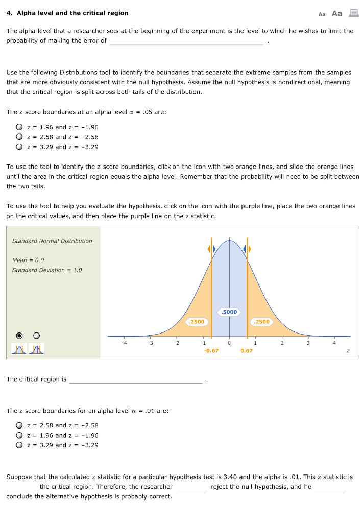 Solved 4. Alpha level and the critical region Aa Aa The | Chegg.com
