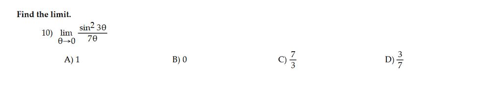 Solved Find the limit. lim_theta rightarrow 0 sin^2 3 | Chegg.com