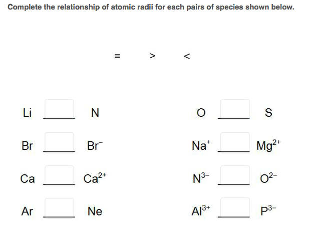 Solved Complete the relationship of atomic radii for each | Chegg.com