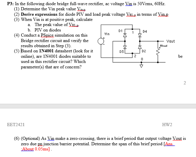 Solved P3: In the following diode bridge full-wave | Chegg.com