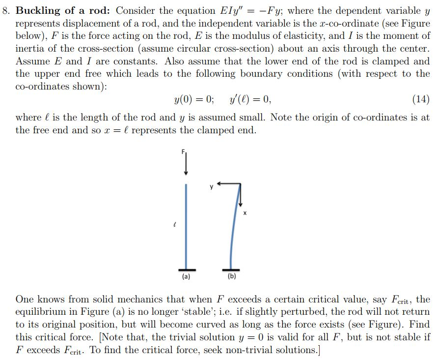 Solved 8. Buckling of a rod: Consider the equation EIy- -Fy; | Chegg.com