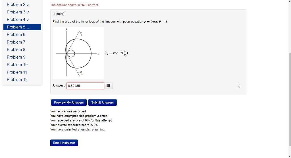 Solved Find the area of the inner loop of the limacon with | Chegg.com