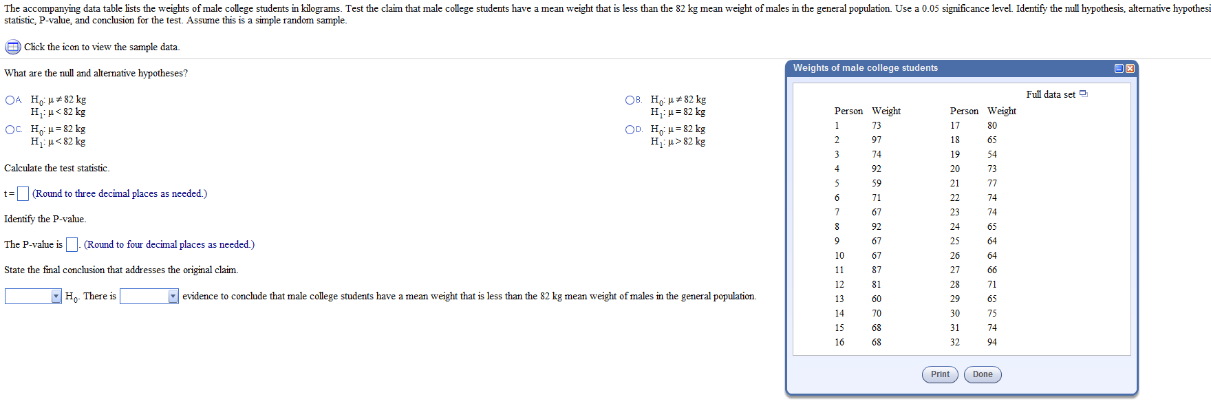 Solved The accompanying data table lists the weights of male | Chegg.com