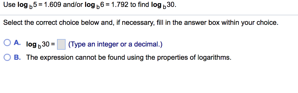 Solved Use log 5 1.609 and/or log 6-1.792 to find log h30 | Chegg.com