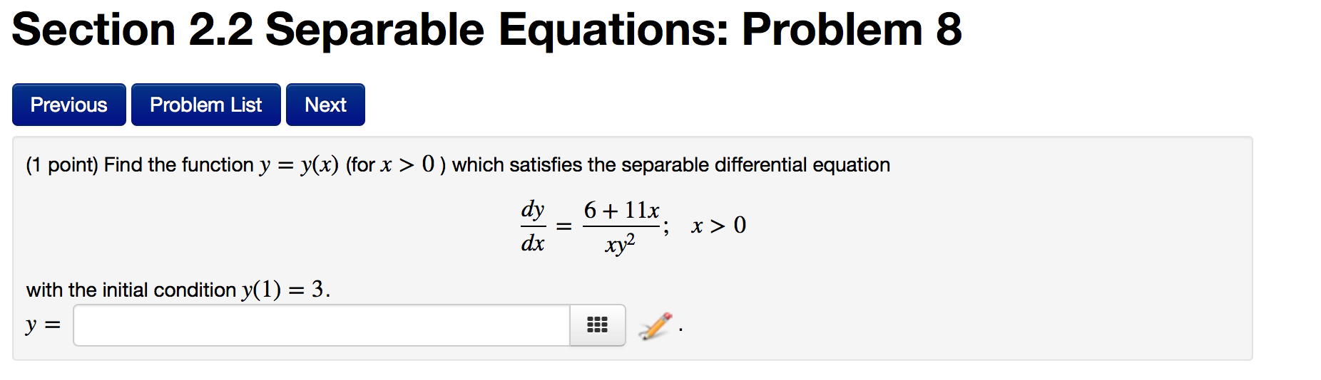 Solved (1 point) Find the function y=y(x) y y x (for x>0 x 0 | Chegg.com