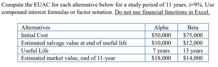 Solved Compute the EUAC for each alternative below for a | Chegg.com