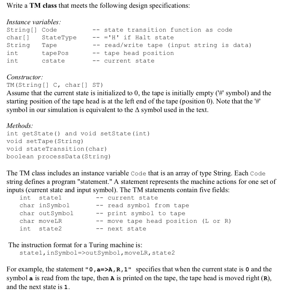 Write a TM class that meets the following design | Chegg.com