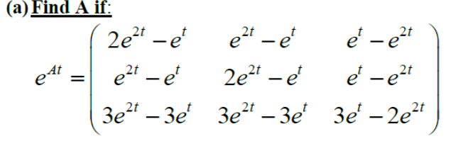 Solved Find A if e^At = (2e^2t - e^t e^2t - e^t 3e^2t - | Chegg.com