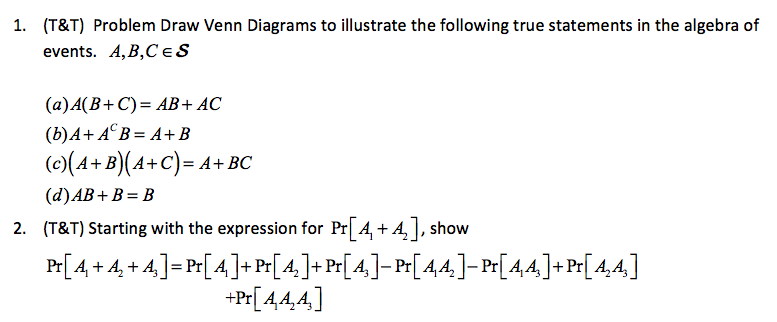 Solved 1. (T&T) Problem Draw Venn Diagrams to illustrate the | Chegg.com