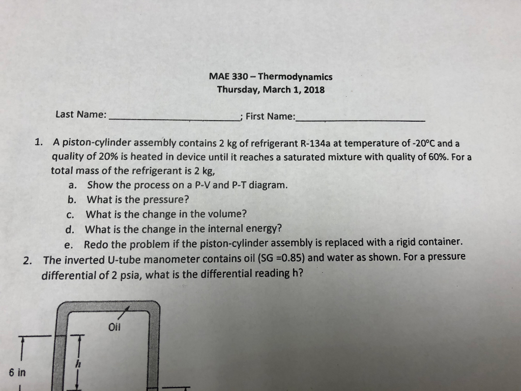 Solved MAE 330 -Thermodynamics Thursday, March 1, 2018 Last | Chegg.com