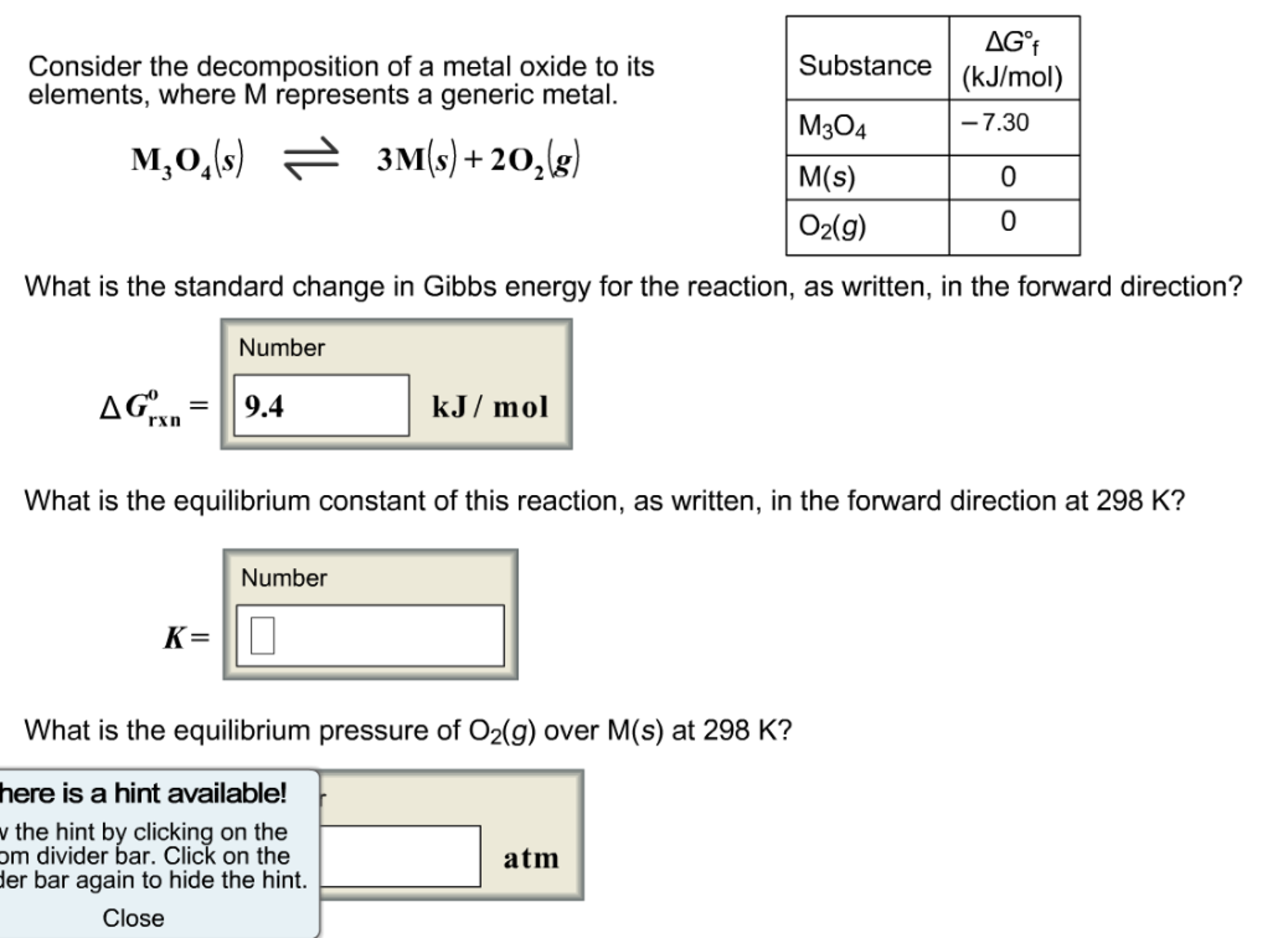 Solved Consider the decomposition of a metal oxide to its | Chegg.com