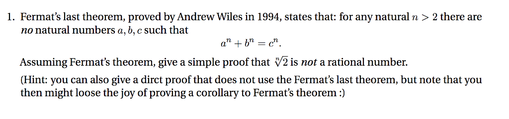 Solved 1. Fermat's last theorem, proved by Andrew Wiles in | Chegg.com
