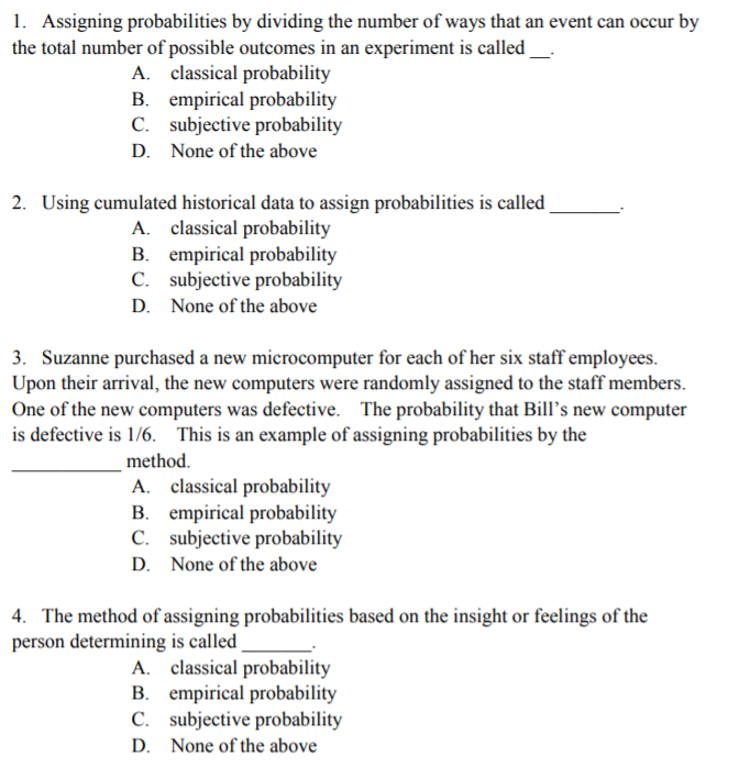 Solved 1. Assigning probabilities by dividing the number of | Chegg.com