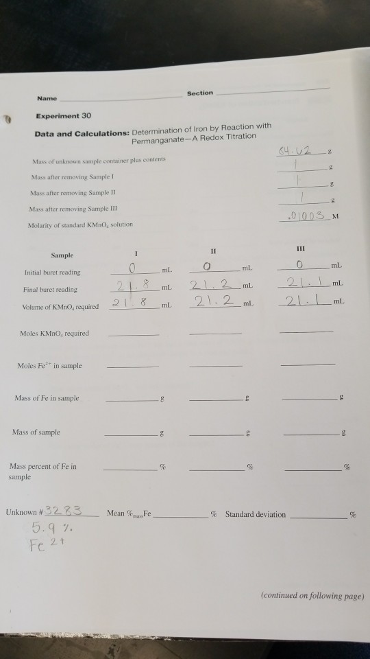 Solved Experiment 30 Data and Calculations: Determination of | Chegg.com Solved Experiment 30 Data and Calculations: Determination of | Chegg.com