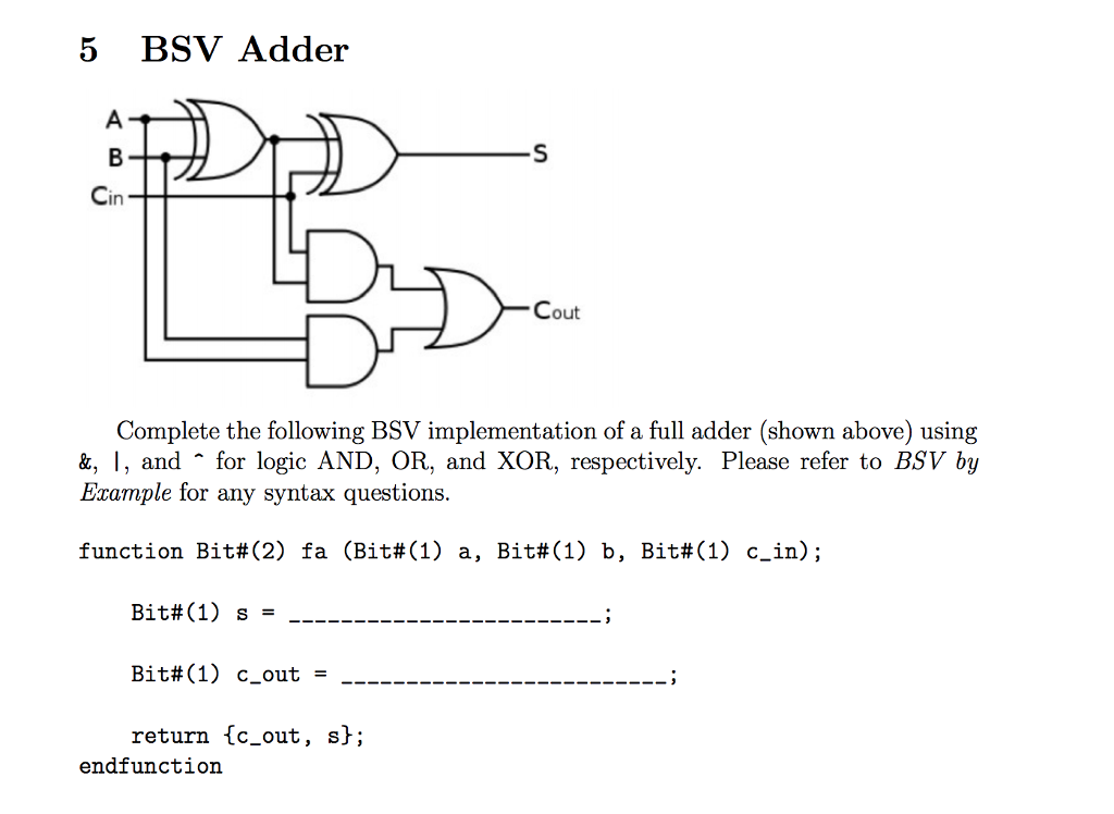 Solved 5 BSV Adder Cin Cout Complete the following BSV | Chegg.com