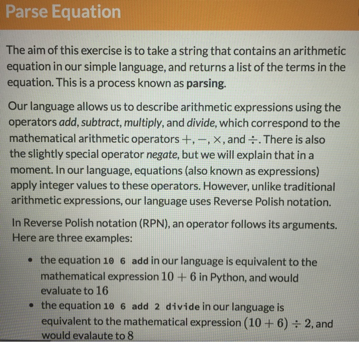 Solved Parse Equation The aim of this exercise is to take a | Chegg.com