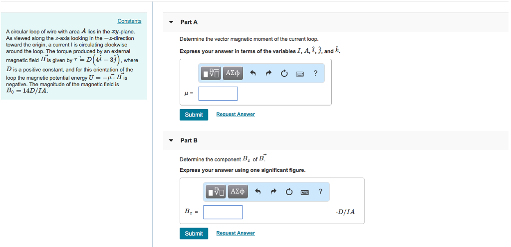Solved Constants Part A A circular loop of wire with area A | Chegg.com
