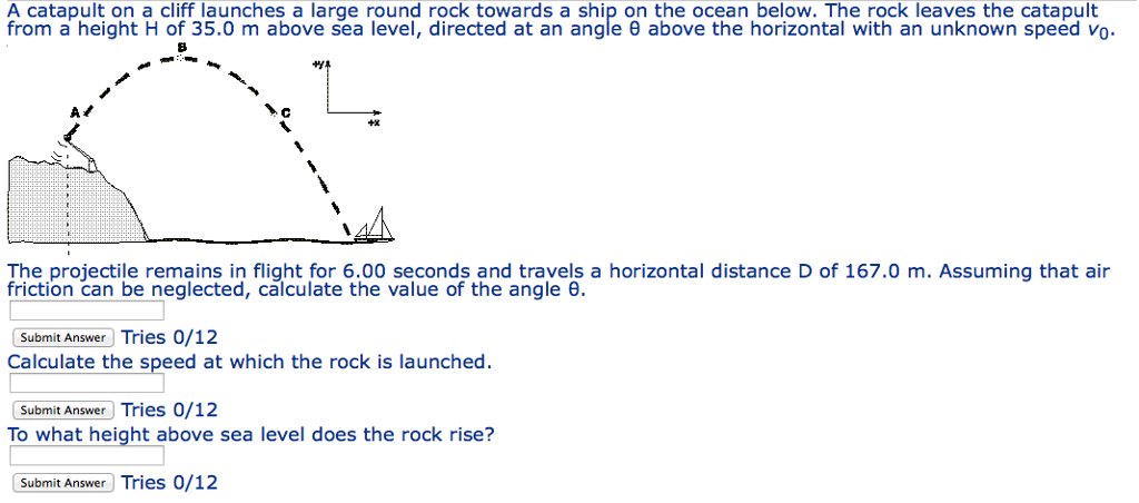 Solved A catapult on a cliff launches a large round rock | Chegg.com