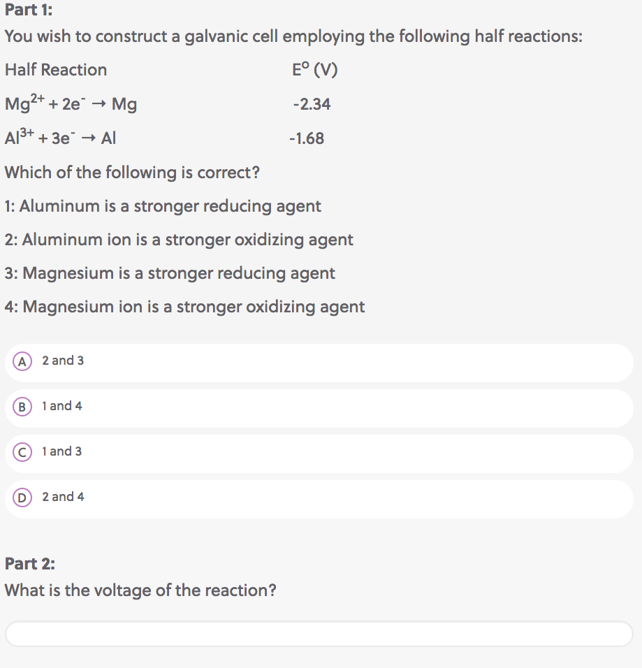 Solved Part 1 You wish to construct a galvanic cell | Chegg.com