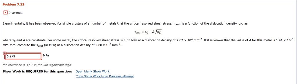 Solved Problem 7.33 XIncorrect. Experimentally, t has been | Chegg.com
