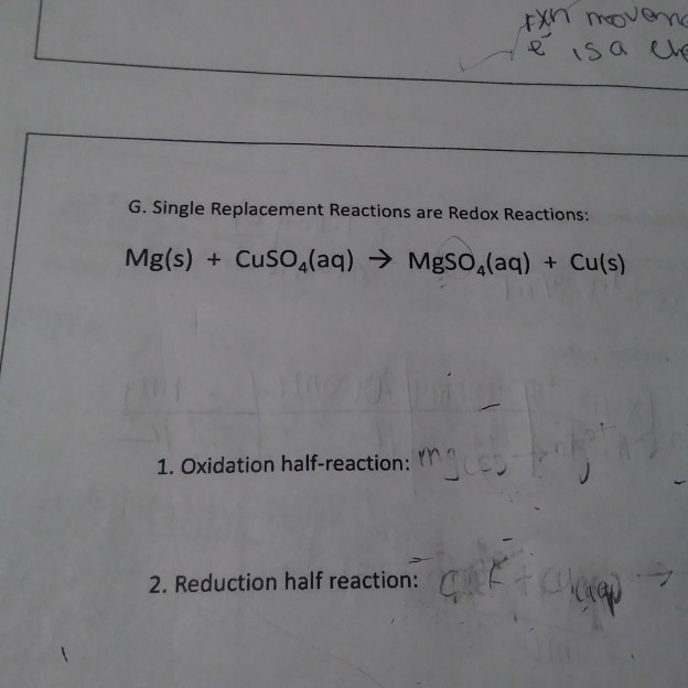 Solved G. Single Replacement Reactions are Redox Reactions: | Chegg.com