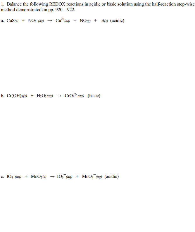 Solved 1. Balance the following REDOX reactions in acidic or | Chegg.com