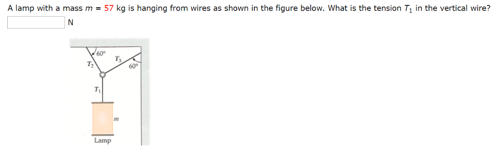 Solved A lamp with a mass m = 57 kg is hanging from wires as | Chegg.com