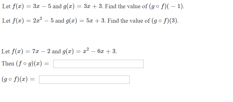 Solved Let f(x) 3z 5 and g(x)3x+3. Find the value of (g o | Chegg.com
