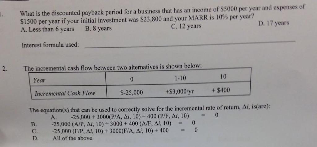 Solved What is the discounted payback period for a business | Chegg.com