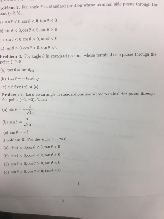 Solved For angle theta in standard position whose terminal | Chegg.com