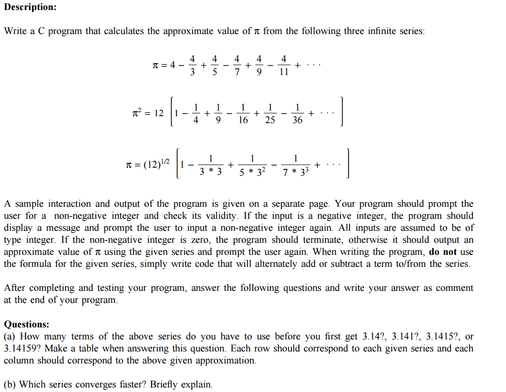 Solved Description: Write a C program that calculates the | Chegg.com